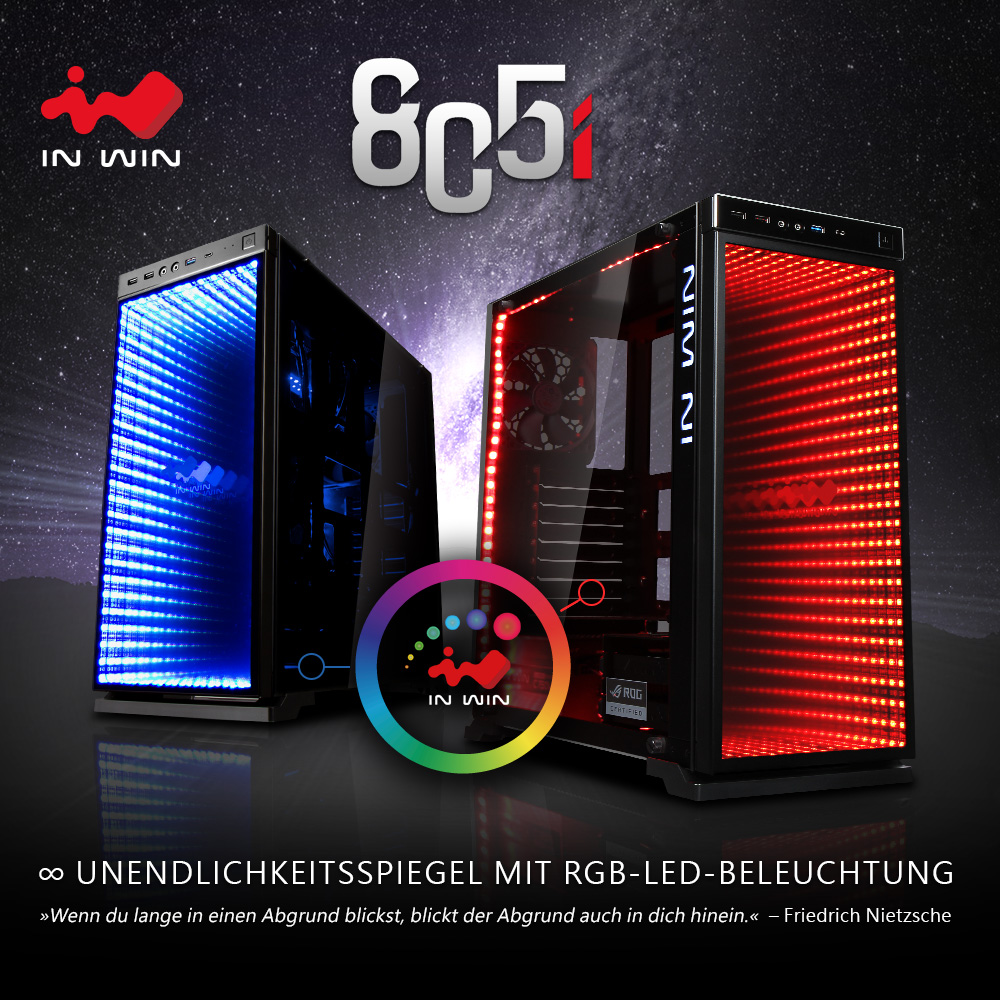 IN WIN 805i mit RGB-beleuchtetem Unendlichkeitsspiegel & USB 3.1 Typ C ...