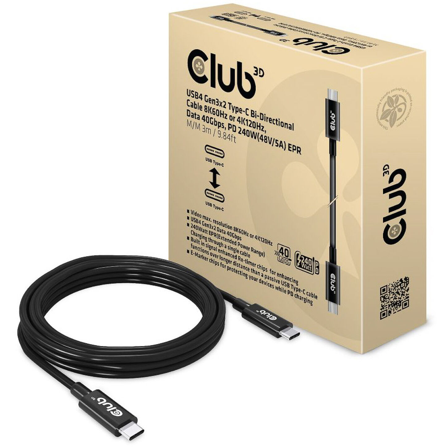 Club 3D USB4 Gen3x2 Type-C Cable, 8K60Hz / 4K120Hz, 40Gbps, PD 240W EPR ...