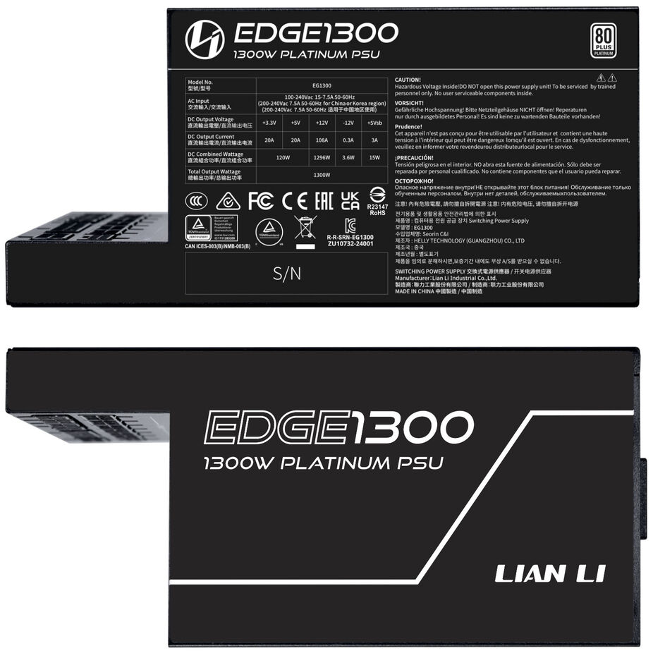 Lian Li EDGE EG1300 80 PLUS Platinum Power Supply, PCIe 5.1, ATX 3.1 - 1300 Watt, Black