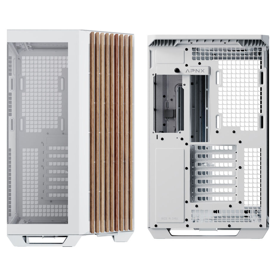 APNX V1 PC Case, Mid Tower, ATX, Tempered Glass – Wood, White