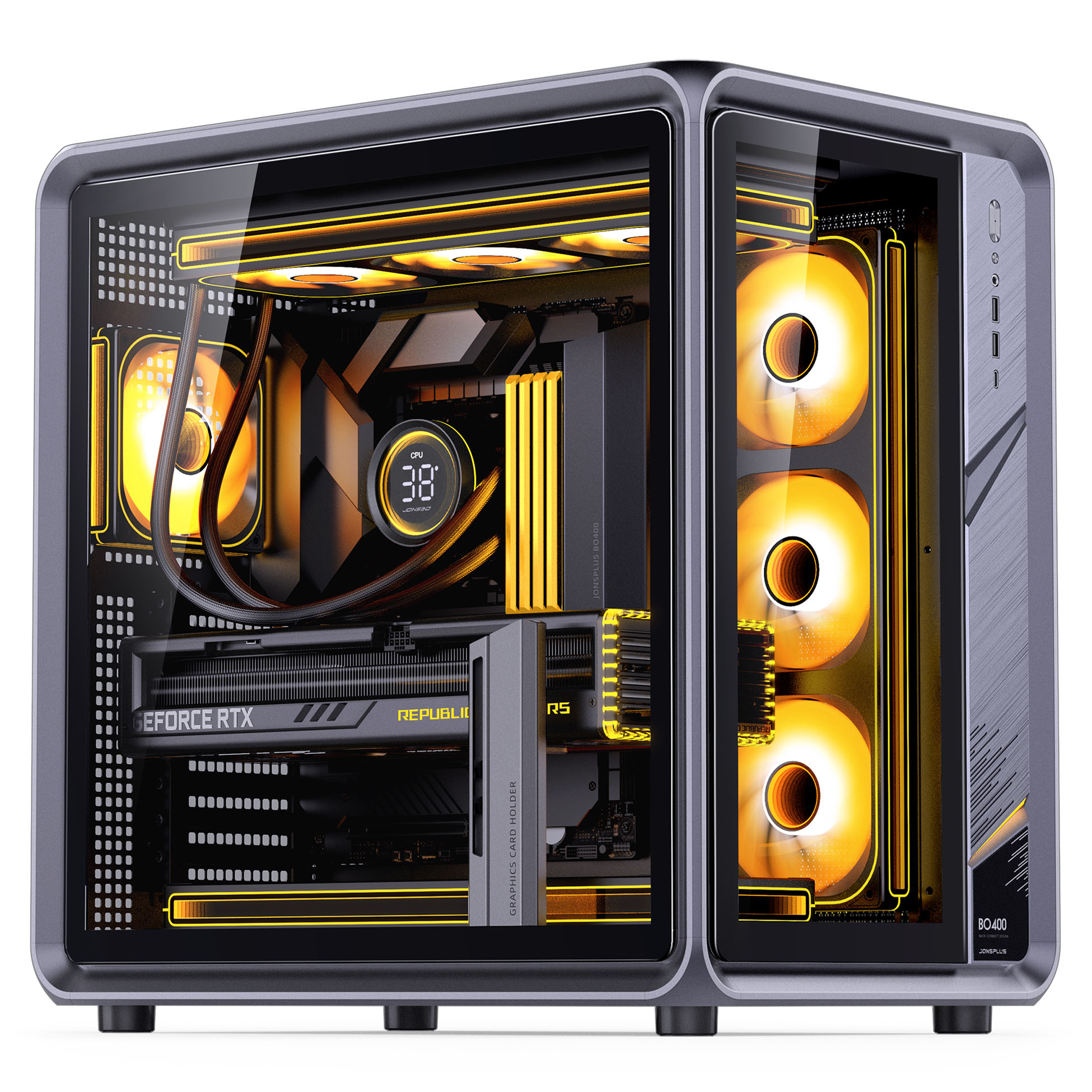 Jonsplus BO400 PC Case, Mid Tower, ATX, Tempered Glass – gunmetal grey